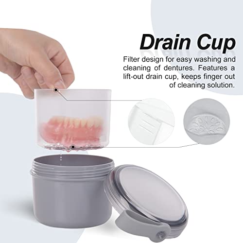 Denture Case, No-Leak Retainer Cleaner Case, Denture Cup for Soaking Dentures Retainers Mouth Guard Night Guard, Denture Bath False Teeth Container for Traveling (Gray)