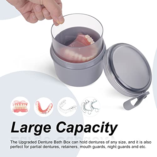 Denture Case, No-Leak Retainer Cleaner Case, Denture Cup for Soaking Dentures Retainers Mouth Guard Night Guard, Denture Bath False Teeth Container for Traveling (Gray)