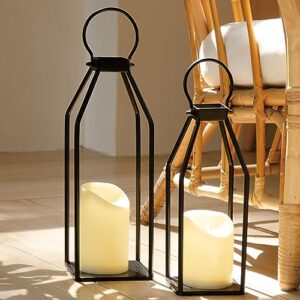 perfnique modern farmhouse lantern decor, 15'' 13'' set of 2 black metal lanterns, 2 led 6hr timer flickering flameless candles, lanterns decorative for outdoor decor, home, indoor, patio