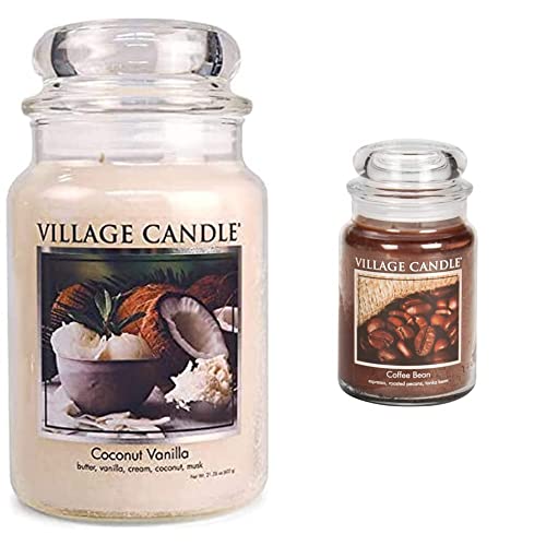 Village Candle Coconut Vanilla Large Glass Apothecary Jar Scented Candle, 21.25 oz, White & Coffee Bean Glass Jar Scented Candle, Large, 21.25 oz, Brown