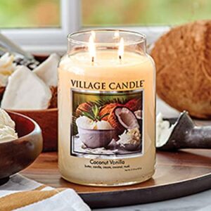 Village Candle Coconut Vanilla Large Glass Apothecary Jar Scented Candle, 21.25 oz, White & Coffee Bean Glass Jar Scented Candle, Large, 21.25 oz, Brown