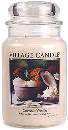 Village Candle Coconut Vanilla Large Glass Apothecary Jar Scented Candle, 21.25 oz, White & Coffee Bean Glass Jar Scented Candle, Large, 21.25 oz, Brown