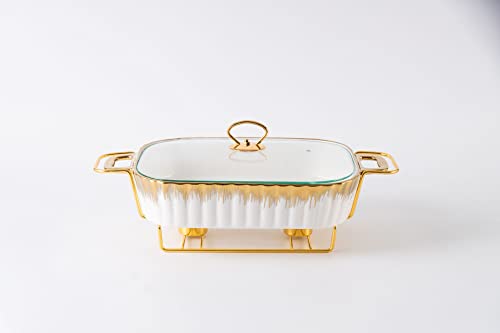 HONHPD 3 Piece Set Chafing Dish Buffet Set, Ceramics Chafer with Imitation Marble Finish, Chafer and Buffet Warmer Set for Buffet Weddings,Parties, Banquets,Catering Events,Golden