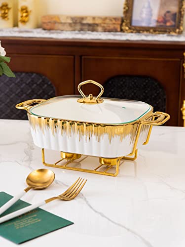 HONHPD 3 Piece Set Chafing Dish Buffet Set, Ceramics Chafer with Imitation Marble Finish, Chafer and Buffet Warmer Set for Buffet Weddings,Parties, Banquets,Catering Events,Golden