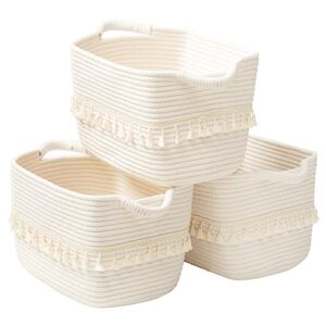 teokj white cotton ropen baskets for storage, set of 3 woven clothes basket for organizing and storage, blanket basket for living room laundry bathroom shelves