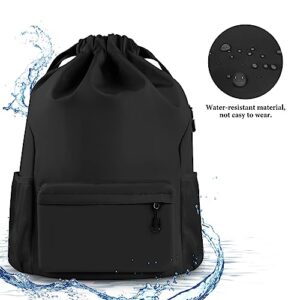 Oziral Drawstring Backpack Waterproof Drawstring Backpack Bag Sports Gym Bag with Side Pocket for Women Men (Black)