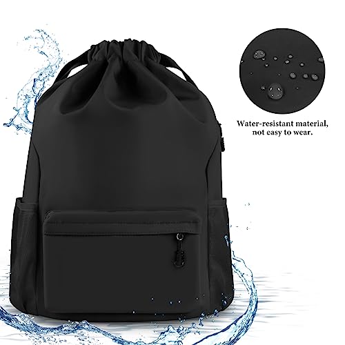 Oziral Drawstring Backpack Waterproof Drawstring Backpack Bag Sports Gym Bag with Side Pocket for Women Men (Black)