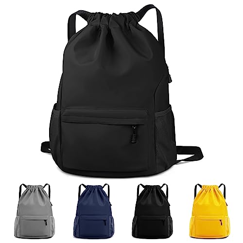 Oziral Drawstring Backpack Waterproof Drawstring Backpack Bag Sports Gym Bag with Side Pocket for Women Men (Black)