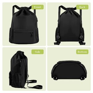 Oziral Drawstring Backpack Waterproof Drawstring Backpack Bag Sports Gym Bag with Side Pocket for Women Men (Black)