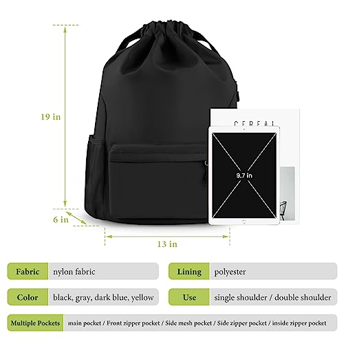 Oziral Drawstring Backpack Waterproof Drawstring Backpack Bag Sports Gym Bag with Side Pocket for Women Men (Black)