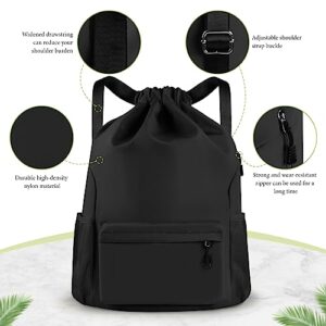 Oziral Drawstring Backpack Waterproof Drawstring Backpack Bag Sports Gym Bag with Side Pocket for Women Men (Black)