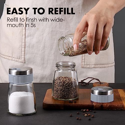 vzaahu Grey Glass Salt and Pepper Sharkers Set with Adjustable Pour Holes - Spice Shaker Salt Dispenser Pepper Dispenser - Perfect for Pink Himalayan, Table Salt, Black and White Pepper (Grey)