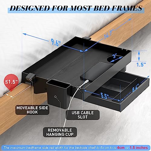 Ronlap Folding Bedside Shelf, Bunk Bed Shelf Organizer for Top Bunk Clip On Nightstand Plastic Bedside Shelf Tray for College Dorm Kids with Cupholder Hooks Hanging Cup, Small Size with Drawer, Black