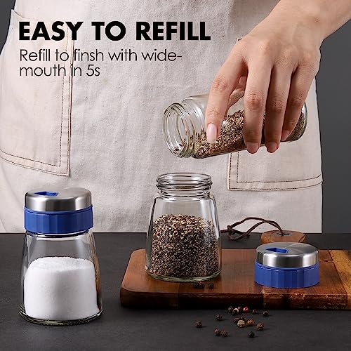 vzaahu Blue Glass Salt and Pepper Sharkers Set with Adjustable Pour Holes - Spice Shaker Salt Dispenser Pepper Dispenser - Perfect for Pink Himalayan, Table Salt, Black and White Pepper (Blue)