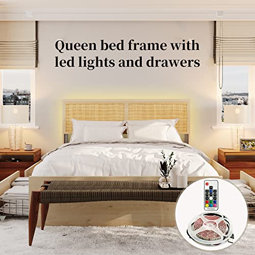 Brafab Natural Rattan Queen Bed Frame with Wooden Headboard and 4 Storage Drawers, Boho Cane Bed Metal Platform Bed with Strong Wooden Slat, Noise Free, No Box Spring Needed