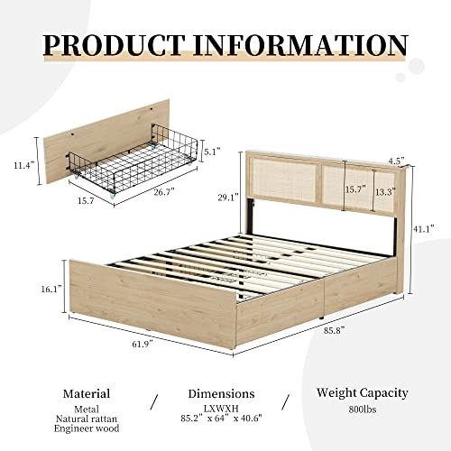 Brafab Natural Rattan Queen Bed Frame with Wooden Headboard and 4 Storage Drawers, Boho Cane Bed Metal Platform Bed with Strong Wooden Slat, Noise Free, No Box Spring Needed