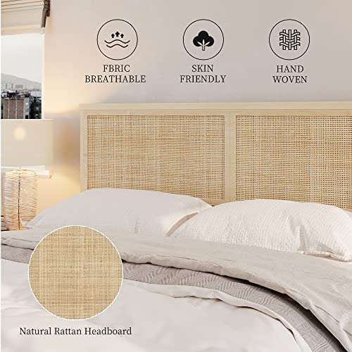 Brafab Natural Rattan Queen Bed Frame with Wooden Headboard and 4 Storage Drawers, Boho Cane Bed Metal Platform Bed with Strong Wooden Slat, Noise Free, No Box Spring Needed