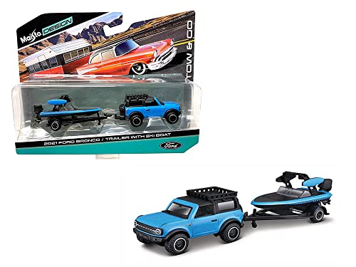 2021 Bronco Blue with Black Top and Roof Rack and Ski Boat with Trailer Blue and Black Tow & Go Series 1/64 Diecast Model Car 15368-22D