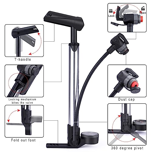 Mini Bike Pump with Gauge - Portable Bicycle Tire Pump - 120 PSI Bike Air Pump fits Presta & Schrader & Dunlop Valve - Road MTB Bike Pump Comes with Mounting Bracket (Black Grey) (Silver)