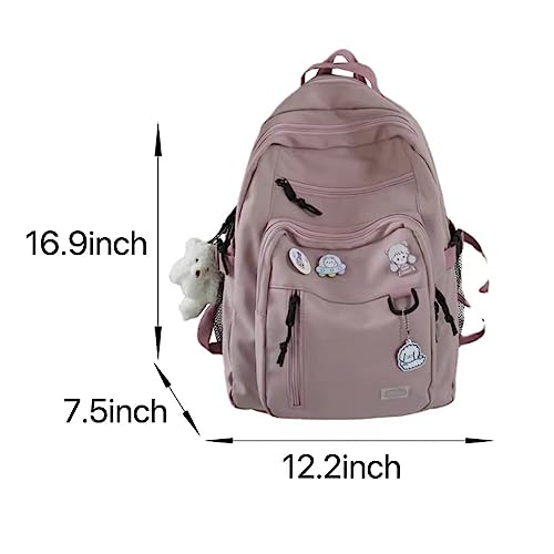 Sumleno Cute Aesthetic Backpack, Waterproof Nylon Preppy Backpack with Kawaii Pins and Plush Accessories Laptop Backpack (White,One Size)