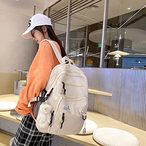 Sumleno Cute Aesthetic Backpack, Waterproof Nylon Preppy Backpack with Kawaii Pins and Plush Accessories Laptop Backpack (White,One Size)