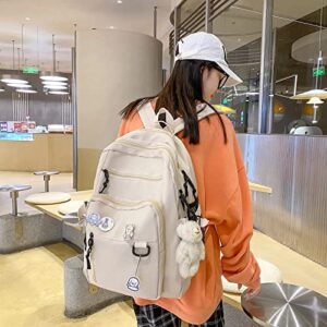 Sumleno Cute Aesthetic Backpack, Waterproof Nylon Preppy Backpack with Kawaii Pins and Plush Accessories Laptop Backpack (White,One Size)