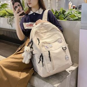 Sumleno Cute Aesthetic Backpack, Waterproof Nylon Preppy Backpack with Kawaii Pins and Plush Accessories Laptop Backpack (White,One Size)