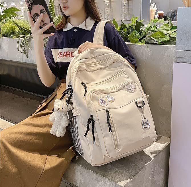 Sumleno Cute Aesthetic Backpack, Waterproof Nylon Preppy Backpack with Kawaii Pins and Plush Accessories Laptop Backpack (White,One Size)