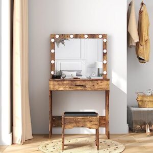 Vanity Desk with Mirror and Lights, Vanity Set Makeup Vanity Table with Adjustable Lights One Drawer Storage Makeup Table with Stool Vanity Desk for Bedroom (Brown)