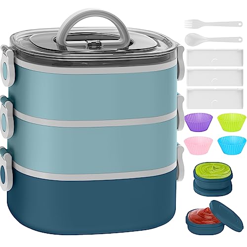 KHOXU Bento Lunch Box, Stackable 3 Layers Bento Box Adult Lunch Box, 94OZ Large Capacity Lunch Containers, Lunch Box Kids with Accessories Kit , Leak-Proof, Food-Safe Materials,Blue