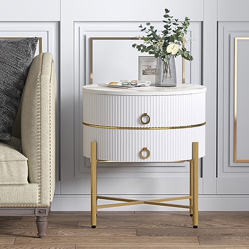 O&K FURNITURE White Round Side Table for Living Room, Marble End Table with 2 Drawers, Modern Nightstand with Metal Legs for Bedroom, White & Gold