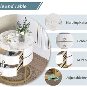 O&K FURNITURE Marble End Table with Storage, Round Nightstand with Drawer, White and Gold Side Table Metal Legs for Bedroom Living Room, Bedside Table Furniture, Marbling Natural Stone