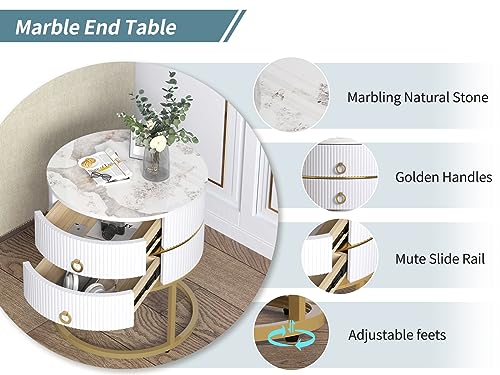 O&K FURNITURE Marble End Table with Storage, Round Nightstand with Drawer, White and Gold Side Table Metal Legs for Bedroom Living Room, Bedside Table Furniture, Marbling Natural Stone