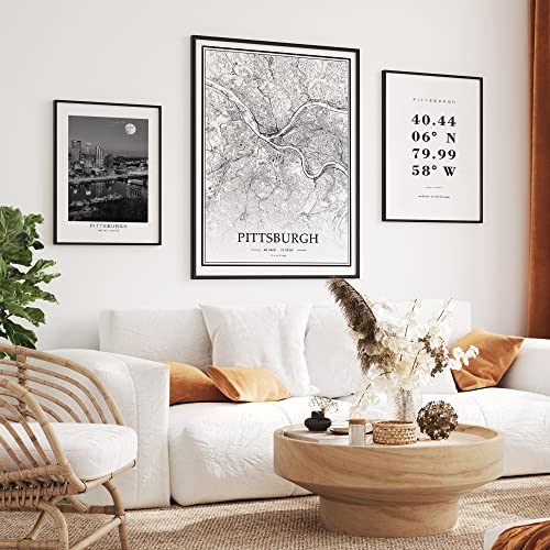 Dear Mapper Pittsburgh United States View Abstract Road Modern Map Art Minimalist Painting Black and White Canvas Line Art Print Poster Art Line Paintings Home Decor (Set of 3 Unframed) (16x24inch)