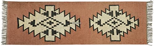 iinfinize Wool Jute Turkish Rug Handmade Vintage Dhurrie Floor Dari Reversible Geometric Pattern Mat Pray and Yoga Rugs Kilim Rustic Galicha 2.5x5 ft Catpet