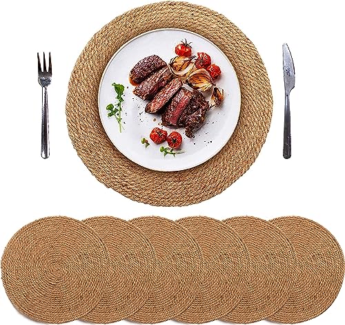 Defined Deco Round Jute Placemats Set of 6,12" Handmade Round Placemats,Woven Braided Placemats,Natural Farmhouse Place Mats,Jute Thick Hot Pads,Rustic Table Mats for Dining Table Decor,Home,Wedding.