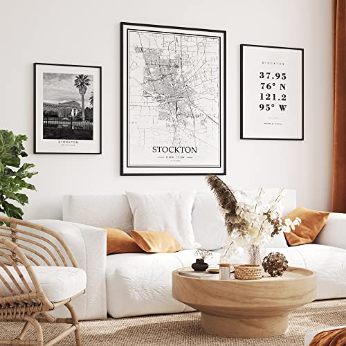 Dear Mapper Stockton United States View Abstract Road Modern Map Art Minimalist Painting Black and White Canvas Line Art Print Poster Art Line Paintings (Set of 3 Unframed) (16x24inch)