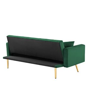 P PURLOVE Convertible Folding Futon Sofa Bed for Living Room, Velvet Sofa Bed with Armrest and 2 Pillows, Sleeper Sofa Couch with Adjustable Back for Office, Bedroom, Green