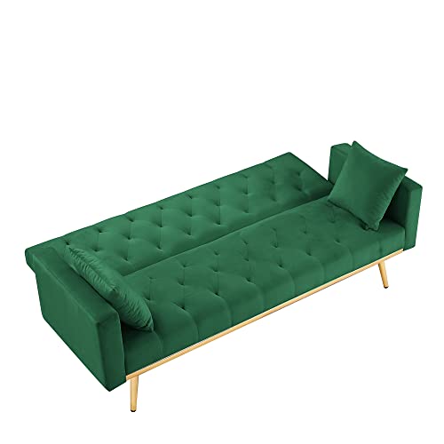 P PURLOVE Convertible Folding Futon Sofa Bed for Living Room, Velvet Sofa Bed with Armrest and 2 Pillows, Sleeper Sofa Couch with Adjustable Back for Office, Bedroom, Green