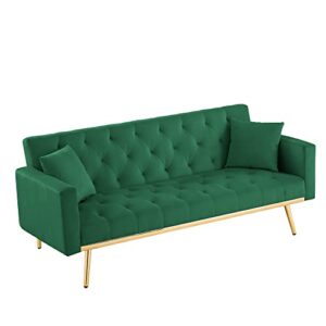 P PURLOVE Convertible Folding Futon Sofa Bed for Living Room, Velvet Sofa Bed with Armrest and 2 Pillows, Sleeper Sofa Couch with Adjustable Back for Office, Bedroom, Green