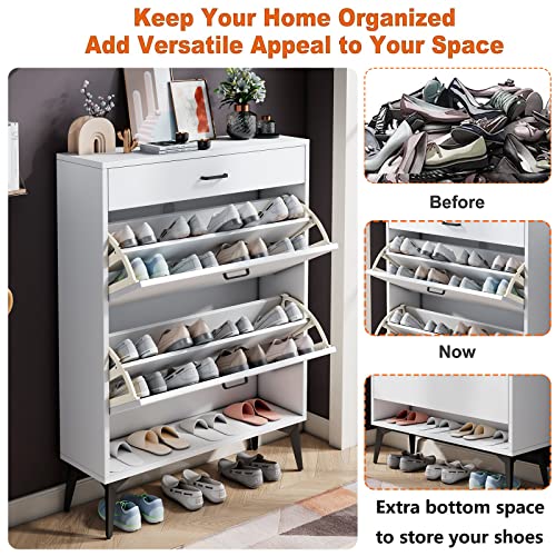 UZUGUL Shoe Cabinet for Entryway,Slim Shoe Storage Cabinet with 2 Flip Drawers and a Top Storage Drawer, Freestanding Shoe Rack Cabinet Storage Organizer with Adjustable Shelf for Entryway