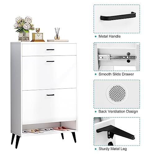 UZUGUL Shoe Cabinet for Entryway,Slim Shoe Storage Cabinet with 2 Flip Drawers and a Top Storage Drawer, Freestanding Shoe Rack Cabinet Storage Organizer with Adjustable Shelf for Entryway