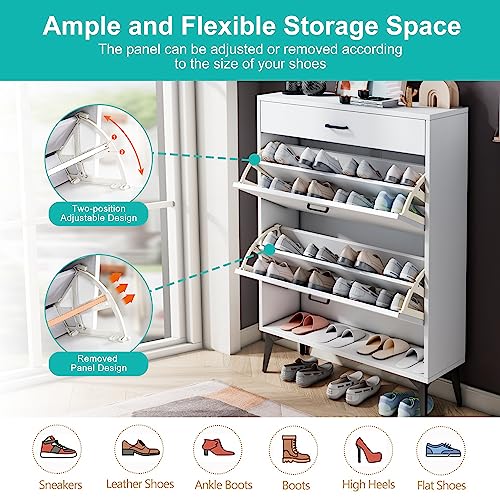 UZUGUL Shoe Cabinet for Entryway,Slim Shoe Storage Cabinet with 2 Flip Drawers and a Top Storage Drawer, Freestanding Shoe Rack Cabinet Storage Organizer with Adjustable Shelf for Entryway