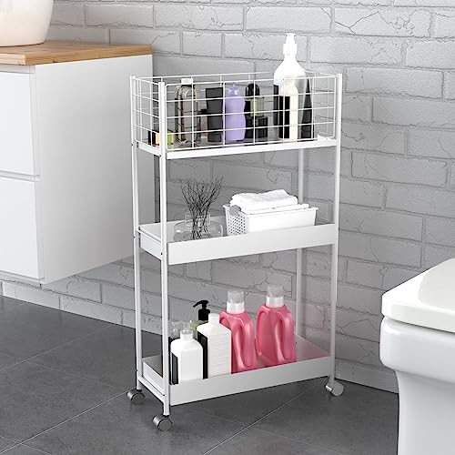 FANSPRO Slim Rolling Storage Cart, 3 Tier Metal Utility Cart with Wheels, Mobile Trolley Cart Slide Out Narrow Storage Cart for Bathroom Laundry Room Kitchen Office Small Spaces, White