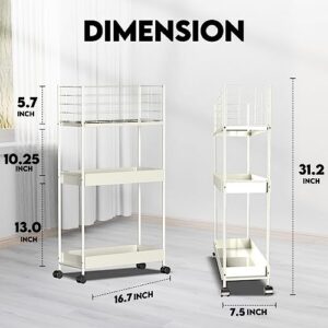 FANSPRO Slim Rolling Storage Cart, 3 Tier Metal Utility Cart with Wheels, Mobile Trolley Cart Slide Out Narrow Storage Cart for Bathroom Laundry Room Kitchen Office Small Spaces, White