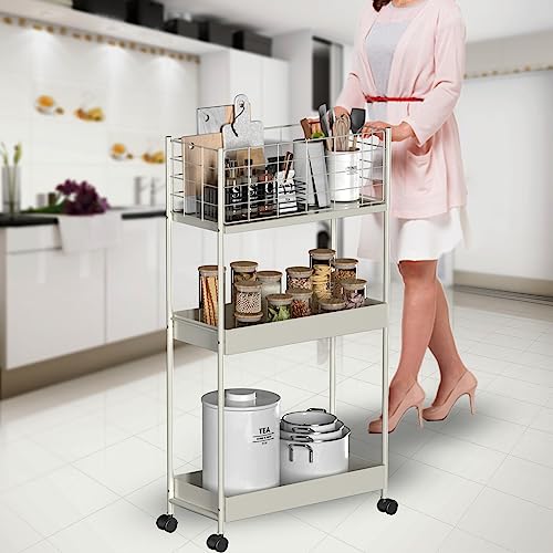 FANSPRO Slim Rolling Storage Cart, 3 Tier Metal Utility Cart with Wheels, Mobile Trolley Cart Slide Out Narrow Storage Cart for Bathroom Laundry Room Kitchen Office Small Spaces, White