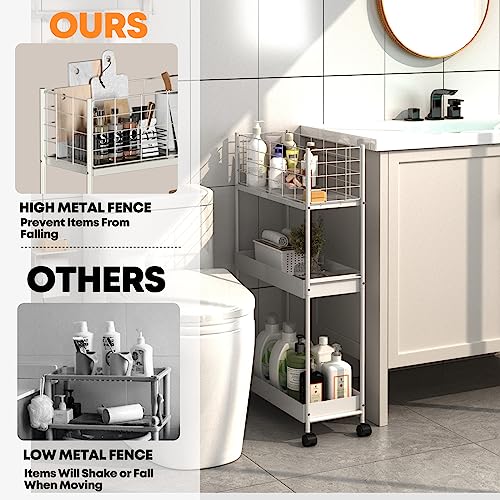 FANSPRO Slim Rolling Storage Cart, 3 Tier Metal Utility Cart with Wheels, Mobile Trolley Cart Slide Out Narrow Storage Cart for Bathroom Laundry Room Kitchen Office Small Spaces, White