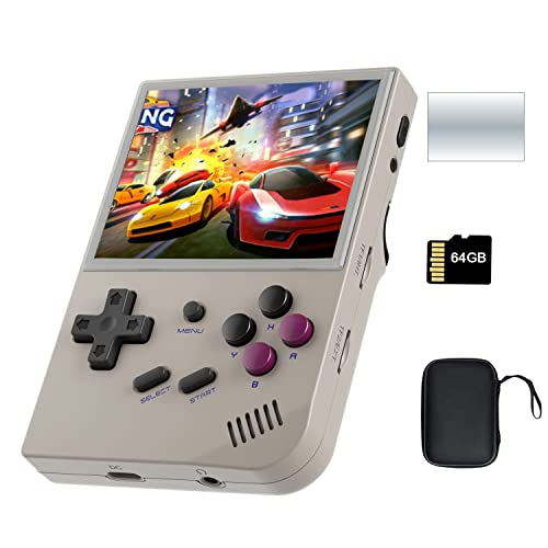 RG35XX Handheld Game Console 3.5 Inch IPS Screen Retro Games Consoles Classic Emulator Retro Handheld Games Consoles Preinstalled Video Games System 64G with Portable Case Gray