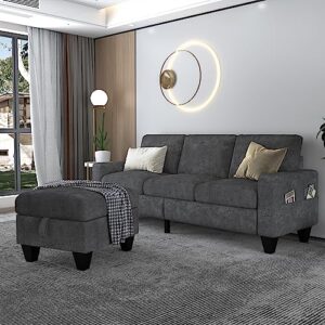 grey convertible sectional sofa couch,3seat l shaped sofa couch with storage reversible ottoman and pockets, modern grey snowflake velvet upholstered sofa furniture sets for living room small space