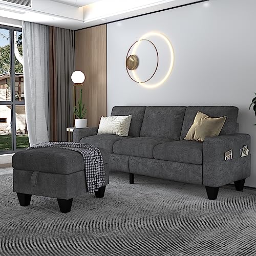 Grey Convertible Sectional Sofa Couch,3Seat L Shaped Sofa Couch with Storage Reversible Ottoman and Pockets, Modern Grey Snowflake Velvet Upholstered Sofa Furniture Sets for Living Room Small Space